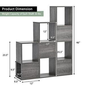 Tangkula Wooden Cube Bookcase, Freely Combined Storage Bookshelf with 9 lattices, Modern DIY Irregular Bookcase for Living Room, Stepped Bookcase and Bookshelves for Home Office Decor (Grey)