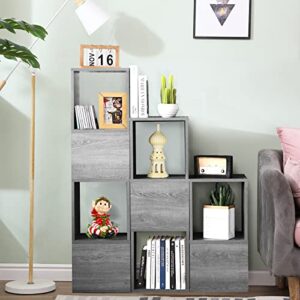 Tangkula Wooden Cube Bookcase, Freely Combined Storage Bookshelf with 9 lattices, Modern DIY Irregular Bookcase for Living Room, Stepped Bookcase and Bookshelves for Home Office Decor (Grey)