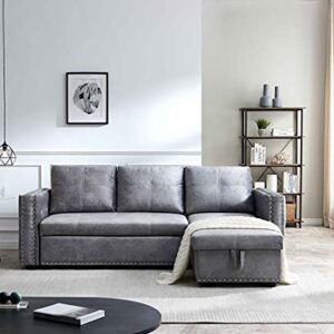 ATY Sectional Sofa with Pull Out Bed, Reversible L-Shape Couch with Storage Chaise and Sleeper, Save Space for Living Room Office, 91" Grey