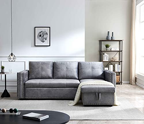 ATY Sectional Sofa with Pull Out Bed, Reversible L-Shape Couch with Storage Chaise and Sleeper, Save Space for Living Room Office, 91" Grey