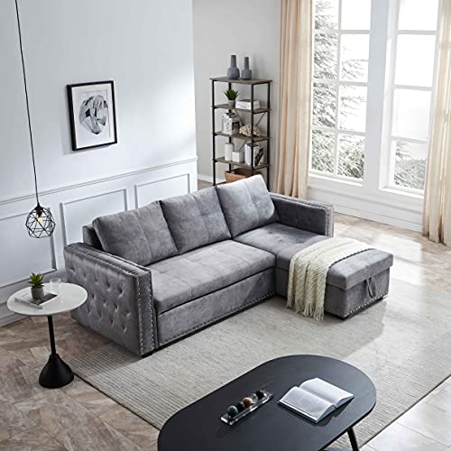 ATY Sectional Sofa with Pull Out Bed, Reversible L-Shape Couch with Storage Chaise and Sleeper, Save Space for Living Room Office, 91" Grey