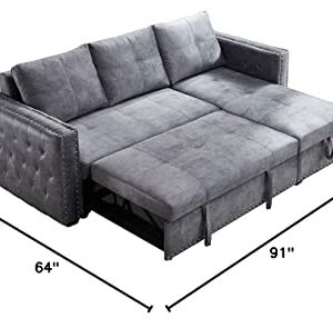 ATY Sectional Sofa with Pull Out Bed, Reversible L-Shape Couch with Storage Chaise and Sleeper, Save Space for Living Room Office, 91" Grey