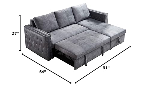 ATY Sectional Sofa with Pull Out Bed, Reversible L-Shape Couch with Storage Chaise and Sleeper, Save Space for Living Room Office, 91" Grey