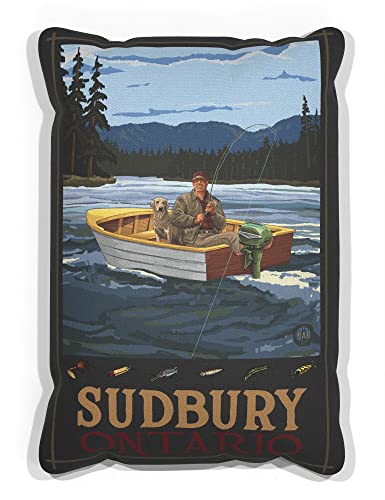 Sudbury Ontario Fisherman In Boat Hills Canvas Throw Pillow for Couch or Sofa at Home & Office from Travel Artwork by Artist Paul A. Lanquist 13" x 19".