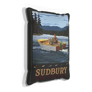 Sudbury Ontario Fisherman In Boat Hills Canvas Throw Pillow for Couch or Sofa at Home & Office from Travel Artwork by Artist Paul A. Lanquist 13" x 19".