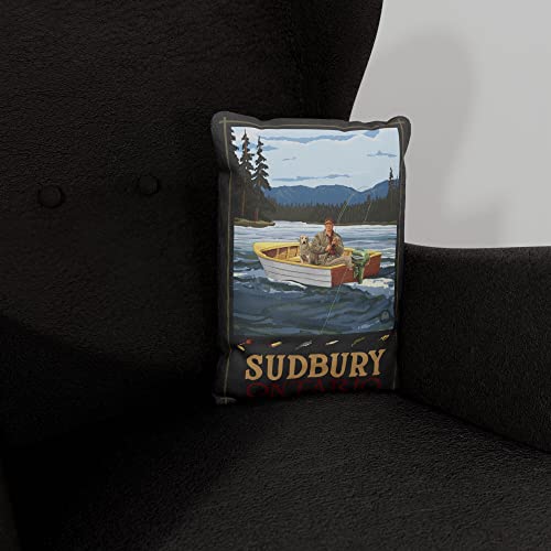 Sudbury Ontario Fisherman In Boat Hills Canvas Throw Pillow for Couch or Sofa at Home & Office from Travel Artwork by Artist Paul A. Lanquist 13" x 19".