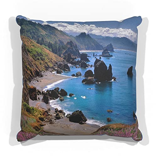 Oregon Coast Rock Monoliths Canvas Throw Pillow for Couch or Sofa at Home & Office from Photograph by Steve Terrill 18" x 18".