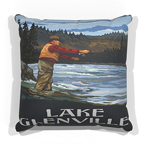 Lake Glenville North Carolina Fishing Canvas Throw Pillow for Couch or Sofa at Home & Office from Travel Artwork by Artist Paul A. Lanquist 18" x 18".