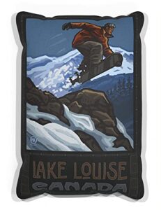 lake louise canada snowboarder jumping canvas throw pillow for couch or sofa at home & office from travel artwork by artist paul a. lanquist 13" x 19".