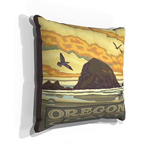 Haystack Rock Oregon Coast Canvas Throw Pillow for Couch or Sofa at Home & Office from Travel Artwork by Artist Paul A. Lanquist 18" x 18".