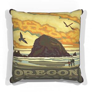 haystack rock oregon coast canvas throw pillow for couch or sofa at home & office from travel artwork by artist paul a. lanquist 18" x 18".