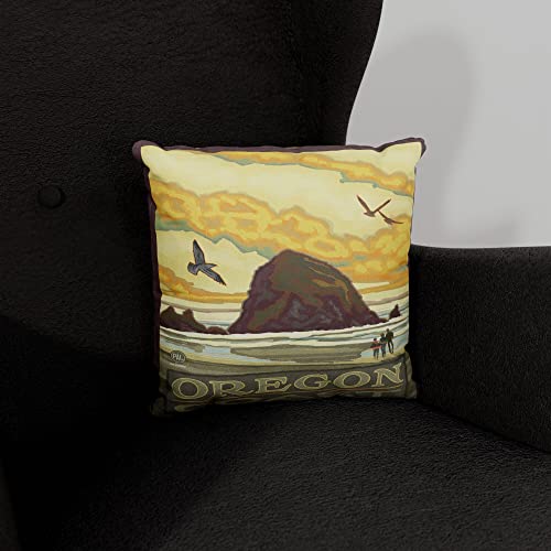 Haystack Rock Oregon Coast Canvas Throw Pillow for Couch or Sofa at Home & Office from Travel Artwork by Artist Paul A. Lanquist 18" x 18".