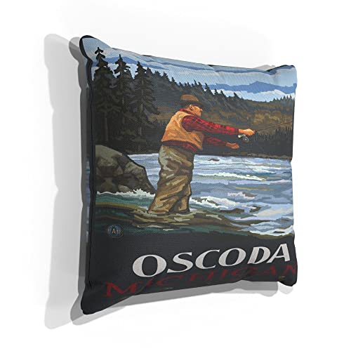 Oscoda Michigan Fly Fisherman Stream Hills Canvas Throw Pillow for Couch or Sofa at Home & Office from Travel Artwork by Artist Paul A. Lanquist 18" x 18".