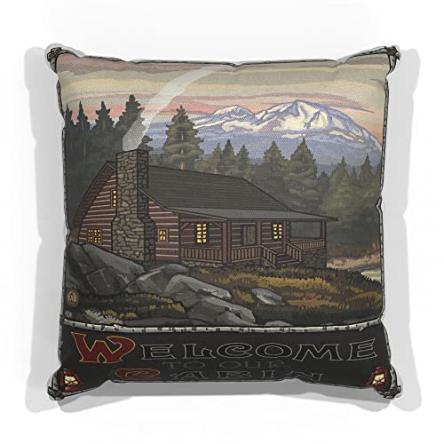 Welcome To Our Cabin Summer Mountain Cabin Canvas Throw Pillow for Couch or Sofa at Home & Office from Travel Artwork by Artist Paul A. Lanquist 18" x 18".