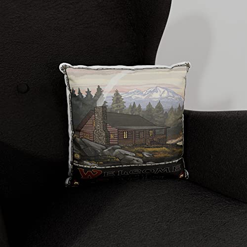 Welcome To Our Cabin Summer Mountain Cabin Canvas Throw Pillow for Couch or Sofa at Home & Office from Travel Artwork by Artist Paul A. Lanquist 18" x 18".