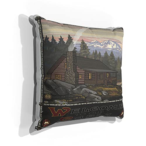 Welcome To Our Cabin Summer Mountain Cabin Canvas Throw Pillow for Couch or Sofa at Home & Office from Travel Artwork by Artist Paul A. Lanquist 18" x 18".