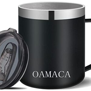 Oamaca 12OZ Coffee Mug with Lid, Vacuum Insulated Travel Tumbler with Handle,Double Wall Stainless Steel Powder Coated Mug Cup,Spill-proof Outdoor Thermos Cup for Hot & Cold Drinks,Black