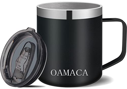 Oamaca 12OZ Coffee Mug with Lid, Vacuum Insulated Travel Tumbler with Handle,Double Wall Stainless Steel Powder Coated Mug Cup,Spill-proof Outdoor Thermos Cup for Hot & Cold Drinks,Black