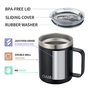 Oamaca 12OZ Coffee Mug with Lid, Vacuum Insulated Travel Tumbler with Handle,Double Wall Stainless Steel Powder Coated Mug Cup,Spill-proof Outdoor Thermos Cup for Hot & Cold Drinks,Black