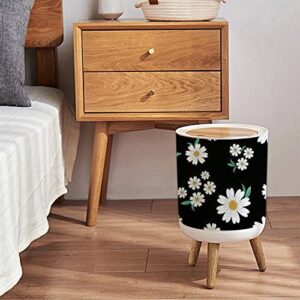 KCDCYCZEAL Small Round Trash Can Black Daisy Hand Drawn illustaration Seamless Recycle Bins with Press Top Lid Dog Proof Wastebasket for Kitchen Bathroom Bedroom Office 7L/1.8 Gallon Multicolor