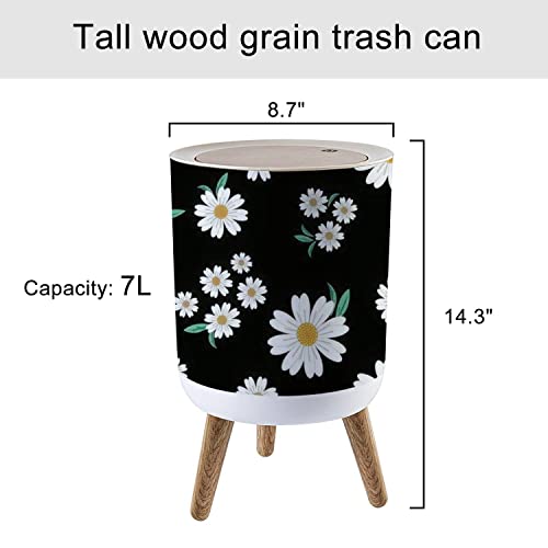 KCDCYCZEAL Small Round Trash Can Black Daisy Hand Drawn illustaration Seamless Recycle Bins with Press Top Lid Dog Proof Wastebasket for Kitchen Bathroom Bedroom Office 7L/1.8 Gallon Multicolor