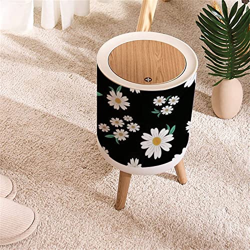 KCDCYCZEAL Small Round Trash Can Black Daisy Hand Drawn illustaration Seamless Recycle Bins with Press Top Lid Dog Proof Wastebasket for Kitchen Bathroom Bedroom Office 7L/1.8 Gallon Multicolor