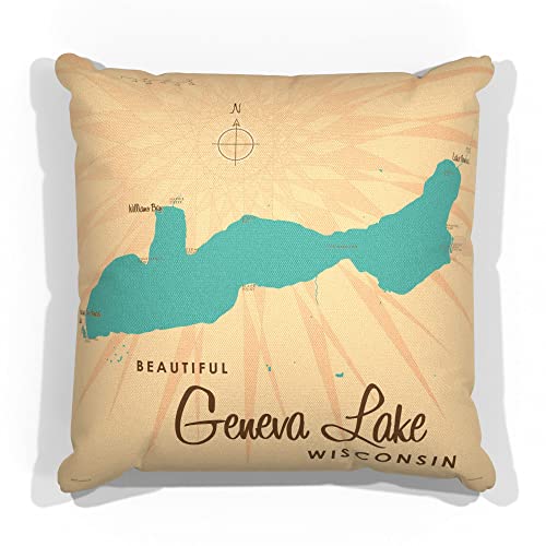 Geneva Lake Wisconsin Map Canvas Throw Pillow for Couch or Sofa at Home & Office by Lakebound 18" x 18".