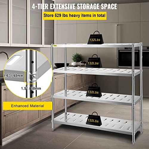 VEVOR Storage Shelf, 4-Tier Storage Shelving Unit, Stainless Steel Garage Shelf, 59.1 x 17.7 x 61 inch Heavy Duty Storage Shelving, 529 Lbs Total Capacity with Adjustable Height and Vent Holes