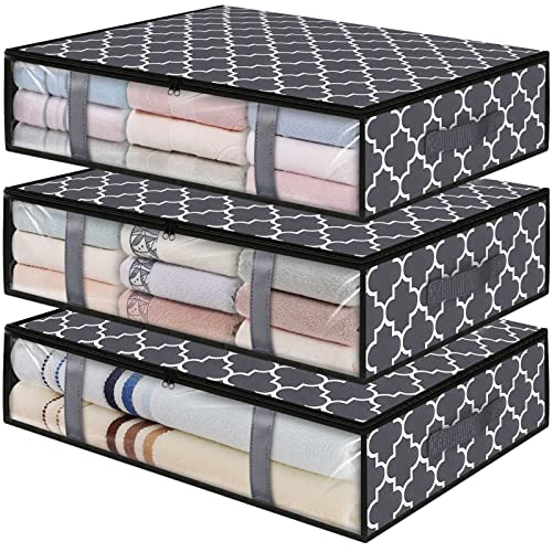 StorageRight Storage Bins, Under Bed Storage Containers, Foldable Clothes Storage Box, Storage Organizer, with Handles, for Comforter, Blanket, Clothing, Sweaters, Pillows, Toys, Grey, 3-Pack