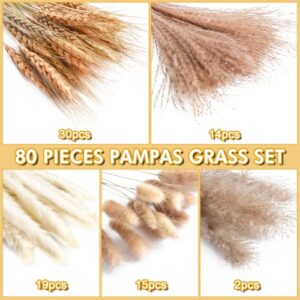 Natural Dried Pampas Grass Decor: 80 Pcs 17" Small Fluffy White Pampas Stems & Beige Reed Grass & Dry Wheat Bundle & Bunny Tail Grass Pampas Bouquet