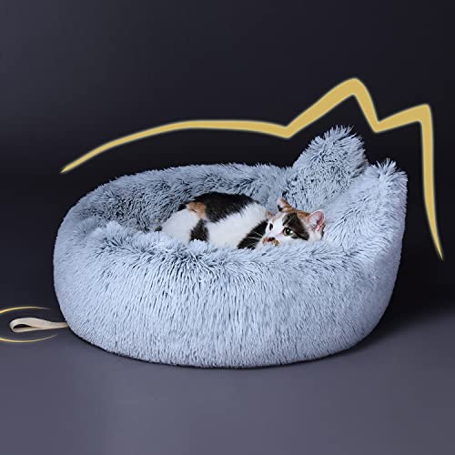 Lazy Rabbit Upgrade Dog Bed |Large Fluffy & Warming, Calming and Cozy for Indoor Cats| Washable, Plush and Modern Furniture | Donut-Shaped,Gradual Grey Color,24inch