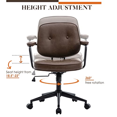 DUOMAY Retro PU Leather Office Computer Desk Chair with Armrest, Modern Mid Back Swivel Task Chair Rolling Adjustable Office Guest Chair for Home Office, Brown