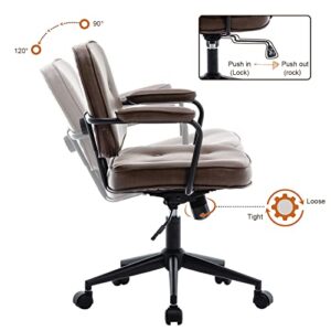 DUOMAY Retro PU Leather Office Computer Desk Chair with Armrest, Modern Mid Back Swivel Task Chair Rolling Adjustable Office Guest Chair for Home Office, Brown