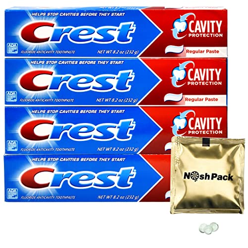 Fluoride Cavity Protection Toothpaste 8.2 Ounce Regular Paste, Bulk Toothpaste, Prevents Cavities Before They Start with Nosh Pack Candy Packet Mints (4 Pack)