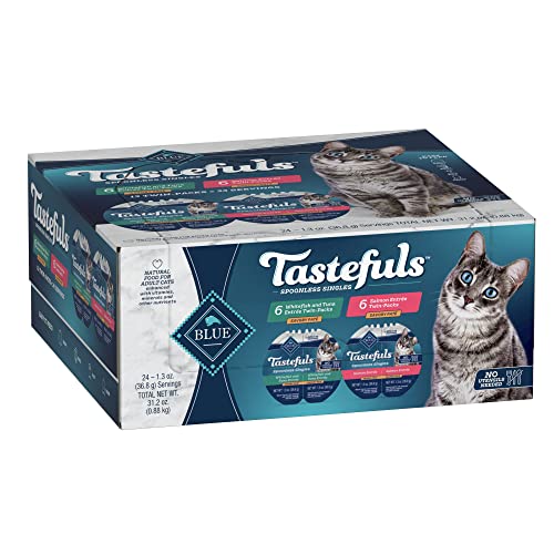 Blue Buffalo Tastefuls Spoonless Singles Adult Pate Wet Cat Food Variety Pack, Whitefish & Tuna and Salmon Entrée, 2.6-oz Twin-Pack Tray (12 Count - 6 of Each Flavor)