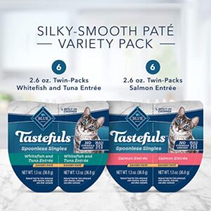 Blue Buffalo Tastefuls Spoonless Singles Adult Pate Wet Cat Food Variety Pack, Whitefish & Tuna and Salmon Entrée, 2.6-oz Twin-Pack Tray (12 Count - 6 of Each Flavor)