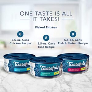 Blue Buffalo Tastefuls Natural Flaked Wet Cat Food Variety Pack, Tuna, Chicken and Fish & Shrimp Entrées in Gravy 5.5-oz Cans (24 Count - 8 of Each)