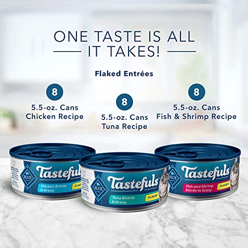 Blue Buffalo Tastefuls Natural Flaked Wet Cat Food Variety Pack, Tuna, Chicken and Fish & Shrimp Entrées in Gravy 5.5-oz Cans (24 Count - 8 of Each)