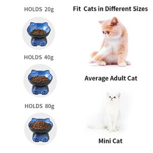 Nihow Slanted Elevated Cat Bowls: 5 Inch Ceramic Raised Cat Food Bowl for Protecting Pet's Spine - Microwave & Dishwasher Safe -Elegant Blue & Black (4.5 OZ /1 PC)