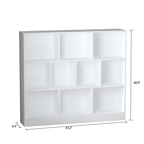 ECACAD Bookcase, Wood Bookshelf with 3 Tier Open Shelves, 10-Cube Storage Organizer Display Shelf for Living Room, Home Office, White (47.2”L x 9.4”W x 40.9”H)