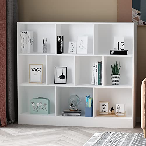 ECACAD Bookcase, Wood Bookshelf with 3 Tier Open Shelves, 10-Cube Storage Organizer Display Shelf for Living Room, Home Office, White (47.2”L x 9.4”W x 40.9”H)