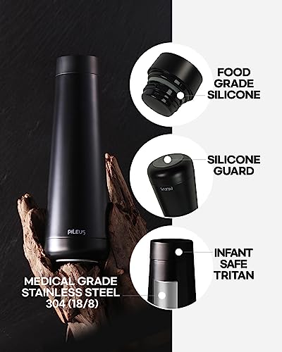 PILEUS INSULATED THERMOS WATER BOTTLE 17oz-14H Hot & 58H Cold, 7Layer Insulated Cap, Double Wall Insulation Vacuum Structure, Medical Grade StainlessSteel304(18/8) BPA-Free Tritan, Food Grade Silicone