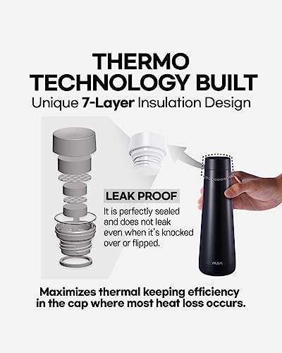 PILEUS INSULATED THERMOS WATER BOTTLE 17oz-14H Hot & 58H Cold, 7Layer Insulated Cap, Double Wall Insulation Vacuum Structure, Medical Grade StainlessSteel304(18/8) BPA-Free Tritan, Food Grade Silicone