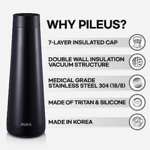 PILEUS INSULATED THERMOS WATER BOTTLE 17oz-14H Hot & 58H Cold, 7Layer Insulated Cap, Double Wall Insulation Vacuum Structure, Medical Grade StainlessSteel304(18/8) BPA-Free Tritan, Food Grade Silicone