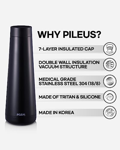 PILEUS INSULATED THERMOS WATER BOTTLE 17oz-14H Hot & 58H Cold, 7Layer Insulated Cap, Double Wall Insulation Vacuum Structure, Medical Grade StainlessSteel304(18/8) BPA-Free Tritan, Food Grade Silicone