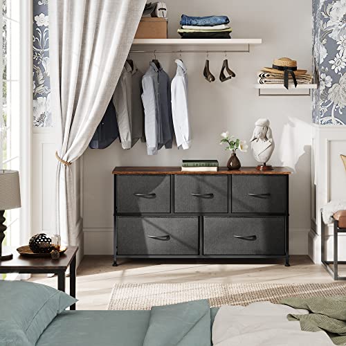 WLIVE 1-Drawer Nightstand, 5-Drawer Dresser Set, Fabric Storage Tower for Bedroom, Hallway, Nursery, Closets, Tall Chest Organizer Unit with Textured Print Fabric Bins, Steel Frame, Wood Top