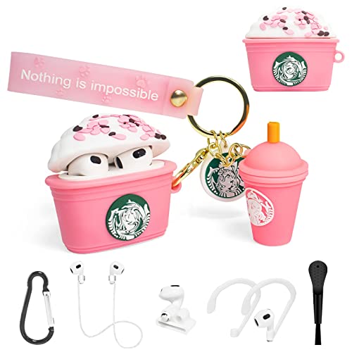 Cute Airpods 3rd Generation Case, 3D Cartoon Pink Drink Cup Cover for Airpod 3 Case, 7in1 Accessories Kawaii Pendant with Anti-Lost Keychain Airpod 3rd Generation Case for Girl Women -SUIHUOJI