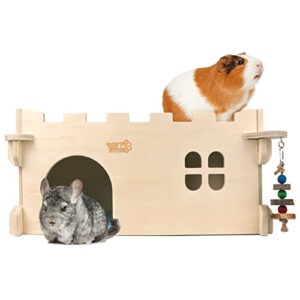 castle chinchilla house - small animal hideout for chinchilla guinea pig hedgehog, or rat - ventilated wooden guinea pig hut habitat with multiple doors (large)