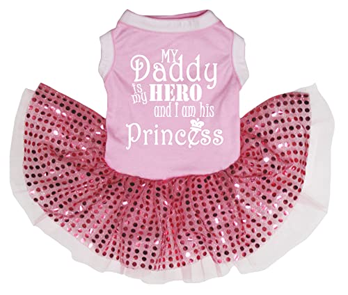 Petitebella My Daddy is My Hero and I Am His Princess Puppy Dog Dress (Pink/Pink Sequins, Medium)