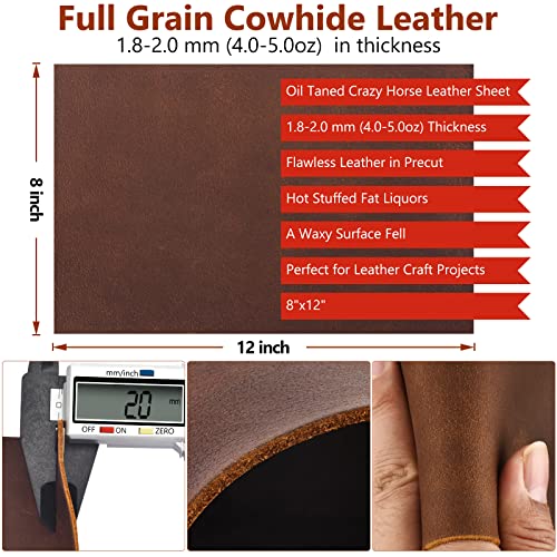 Tooling Leather Square 1.8-2.0MM Thick Genuine Top Full Grain Oil Tan Crazy Horse Cowhide Leather Sheets for Crafts Tooling Sewing Wallet Earring Hobby (Brown, 8"x12")